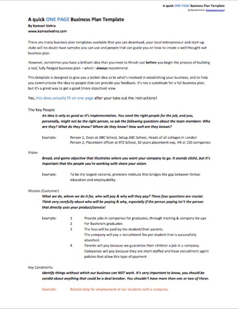 A Quick One Page Business Plan Template - Eloquens