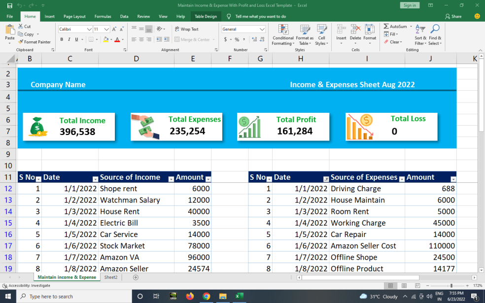 Maintain Income & Expense With Profit and Loss Excel Template - Eloquens