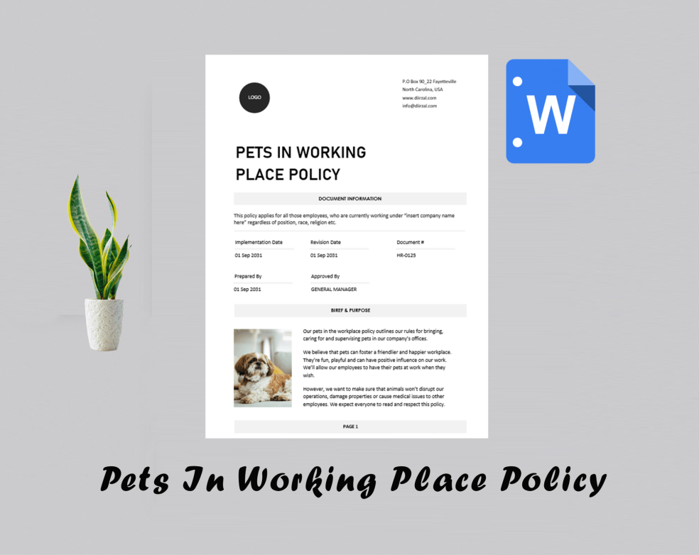 Pets In Working Place Policy Template - Eloquens
