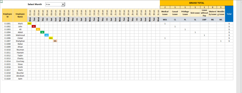 Annual Leave or Holiday Tracker with Monthly and Customized Period View ...