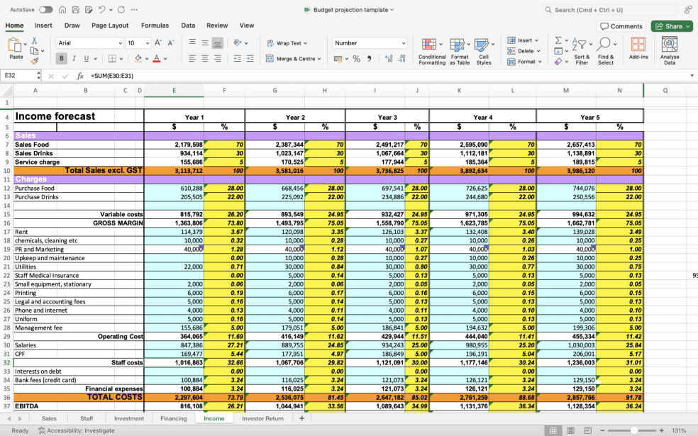 Restaurant Financial Budget Projections Template - Eloquens