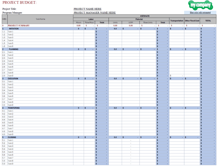 Project Budget Template: Labor, Materials, and Fixed Costs Breakdown ...