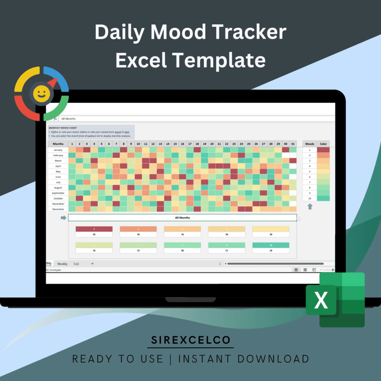 Monthly Mood Tracker Excel Template | Colorful Emotion Tracking ...