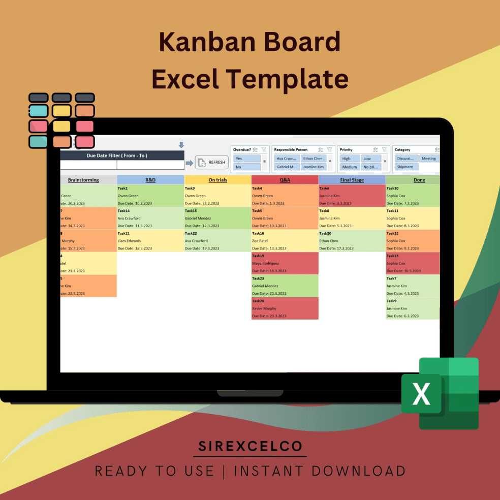 Dynamic Kanban Board Excel Template for Team Workflow Management | Easy Database Entry & Visual ...