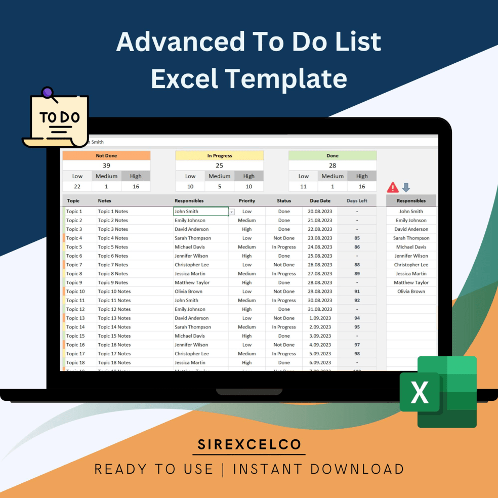Advanced To Do List Excel Template | Digital Daily Planner | Printable ...