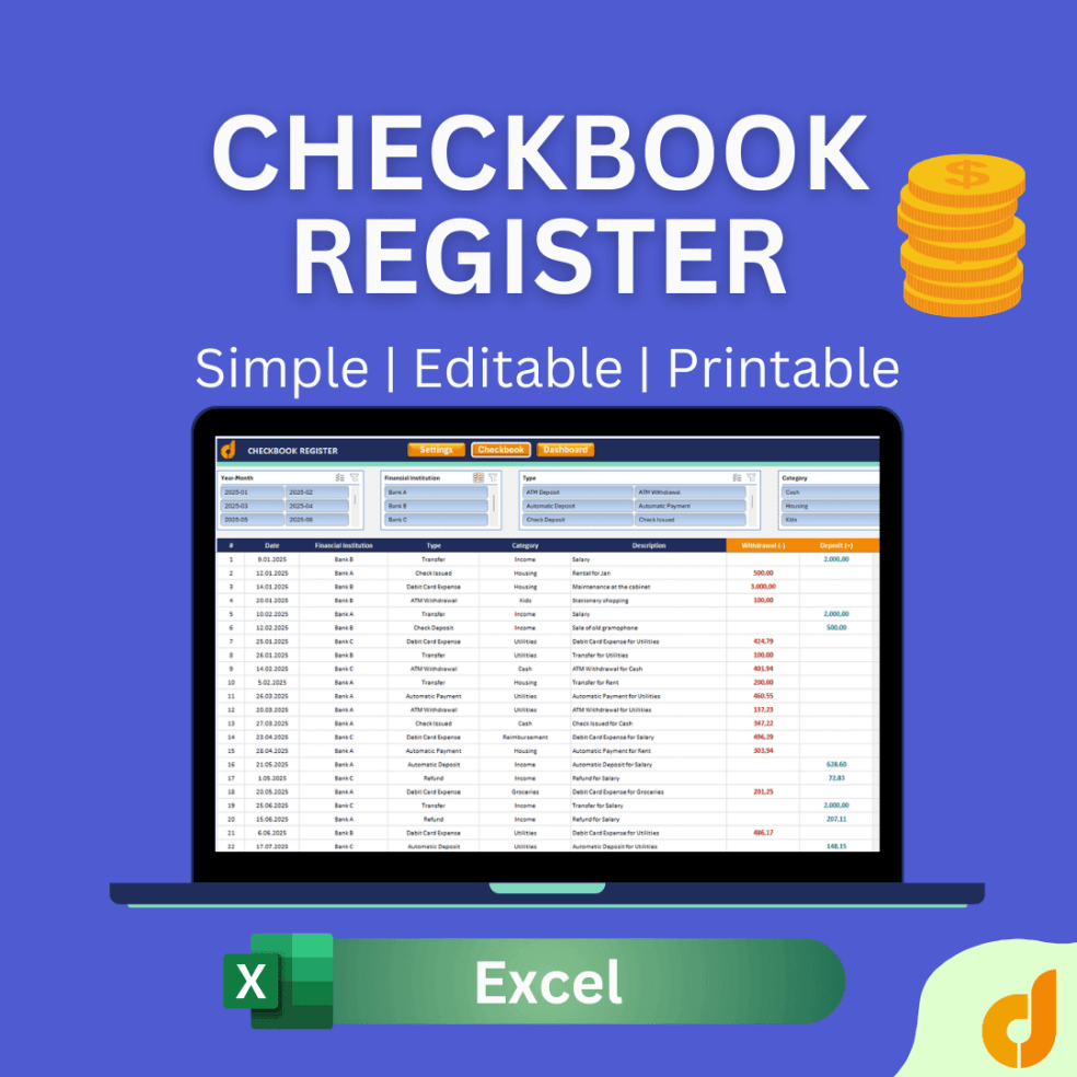 Checkbook Register Excel Template | Digital Transaction Tracker ...