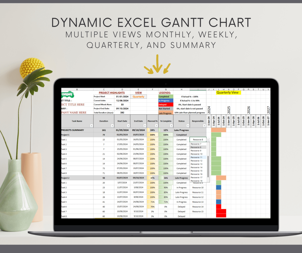 Excel Dynamic Gantt Chart 2 Files Fixed Timescale And Multiple Views Timescale Eloquens