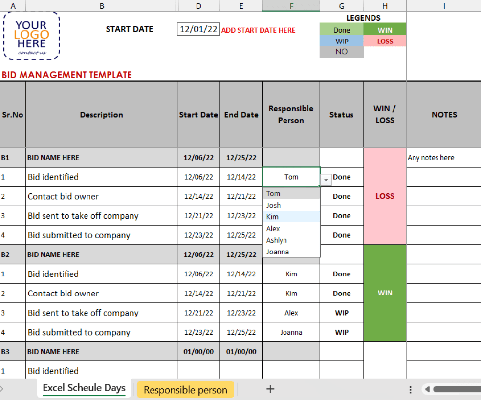 Excel Bid Tracker Template with Timeline, Status, and Win/Loss Summary ...