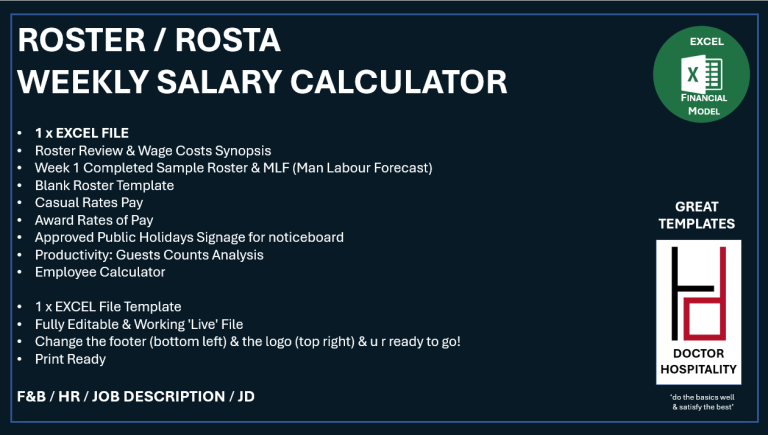 STAFF SCHEDULE - Restaurant / Bar Roster, Costed template - Eloquens