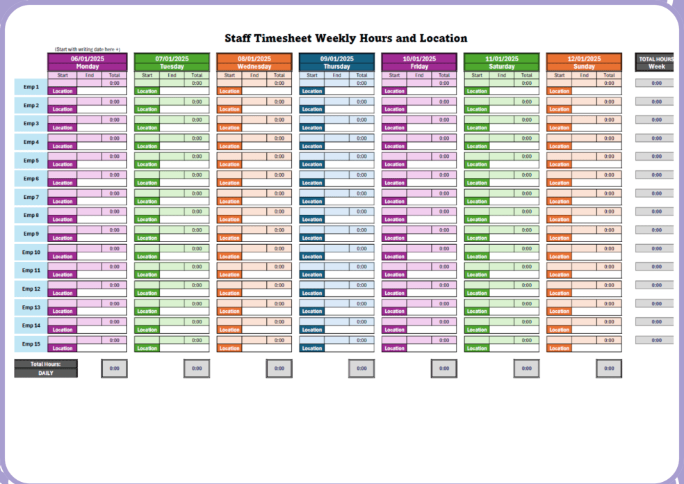 Excel Easy to use Staff Timesheet Weekly Hours calulation and Location ...