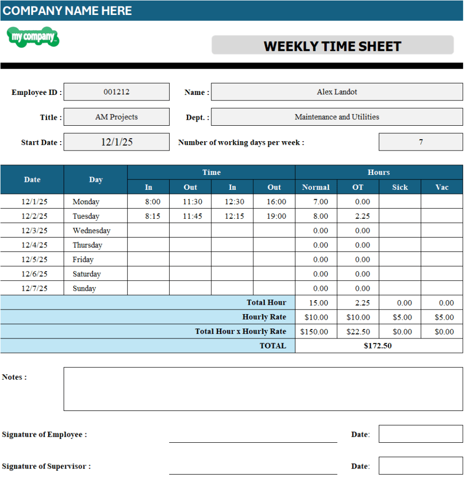 Employee Weekly Timesheet – Hours, OT, Sick & Vacation Tracker - Eloquens