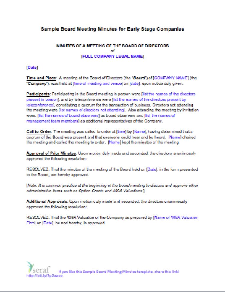 Sample Board Meeting Minutes Template for Startups - Eloquens